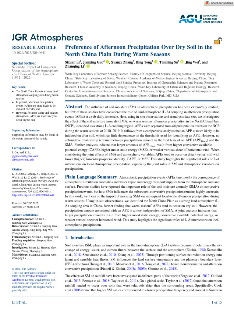 JGR Atmospheres - 2024 - Li - Preference of Afternoon Precipitation ...