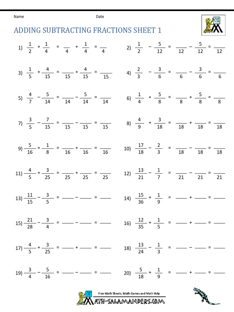 Adding and Subtracting Fractions Worksheet | PDF