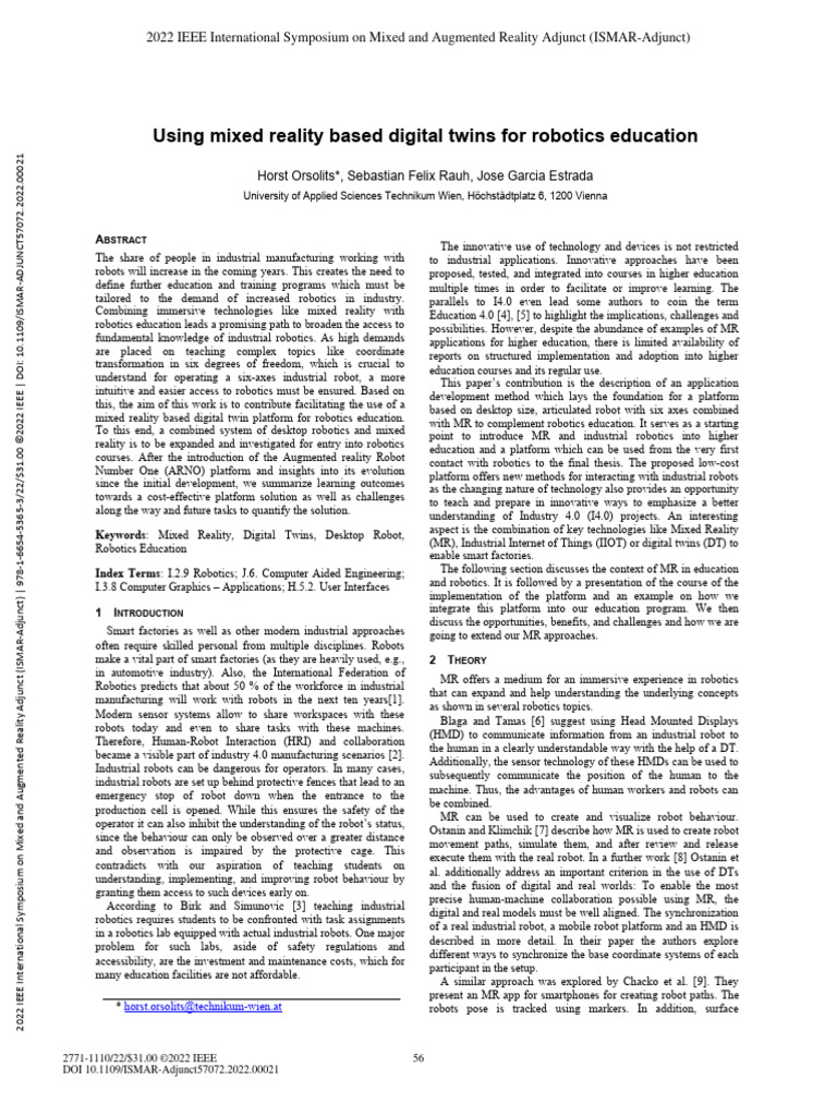 Using Mixed Reality Based Digital Twins For Robotics Education | PDF | Robotics | Mixed Reality