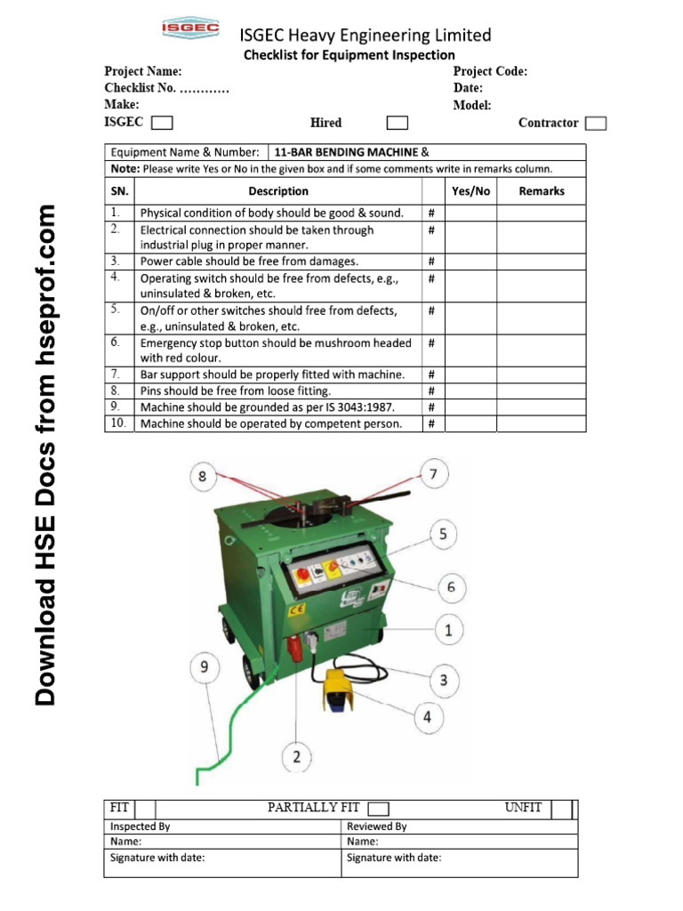 Inspection Checklist of Bar Bending Machine | PDF