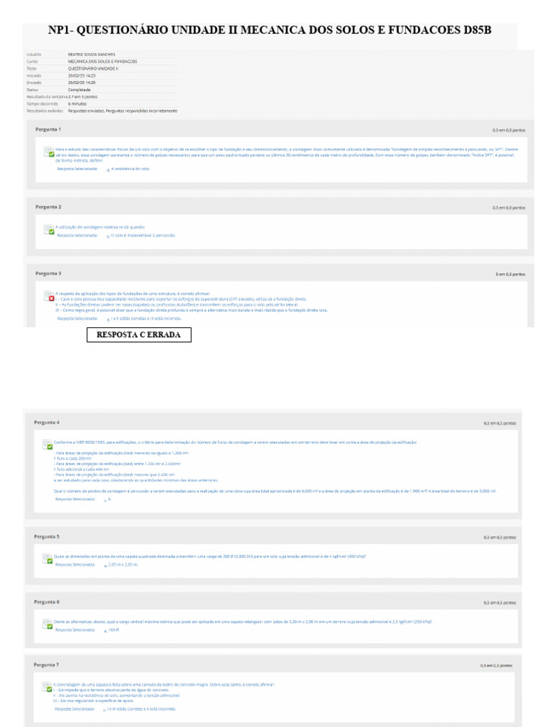 NP1- QUESTIONÁRIO UNIDADE II MECANICA DOS SOLOS E FUNDACOES D85B | PDF