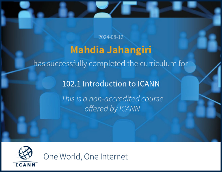 ICANN - Certificate - No in Conjunction - Intro To ICANN | PDF