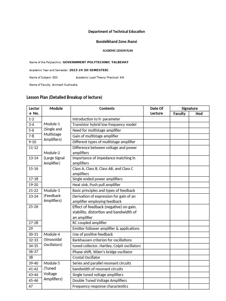 lesson plan edc | PDF | Amplifier | Electronic Oscillator