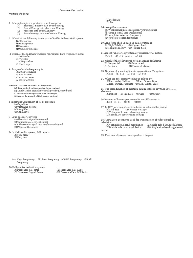 Multiple Choice Question Paper | PDF | Loudspeaker | Computer Engineering