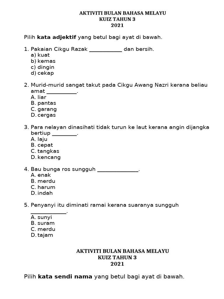 Aktiviti Bulan Bahasa Melayu 2021-Kuiz THN 3 | PDF