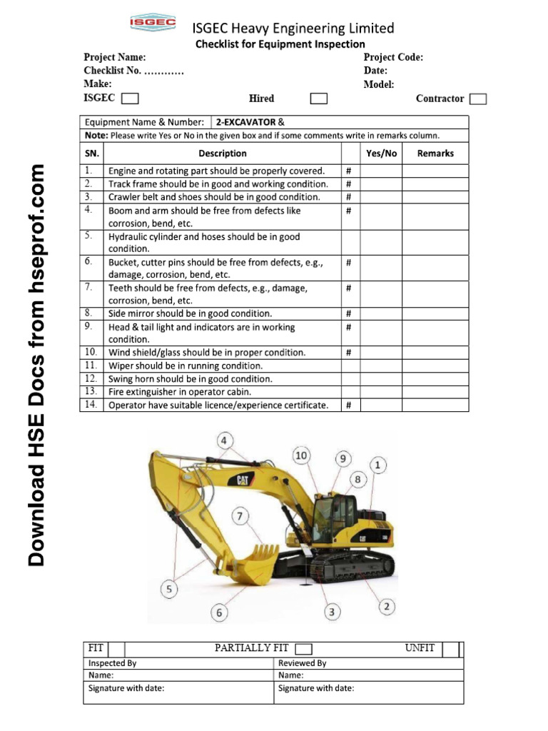Inspection Checklist of Excavator | PDF