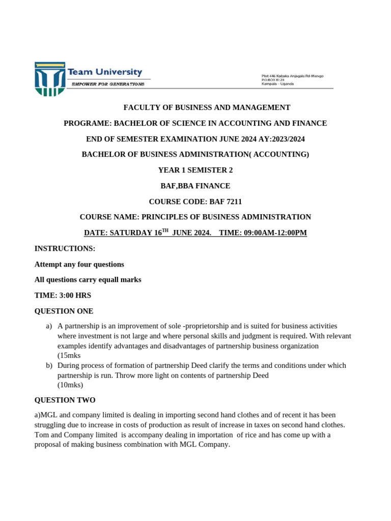Principles of Business Administration | PDF | Business | Partnership