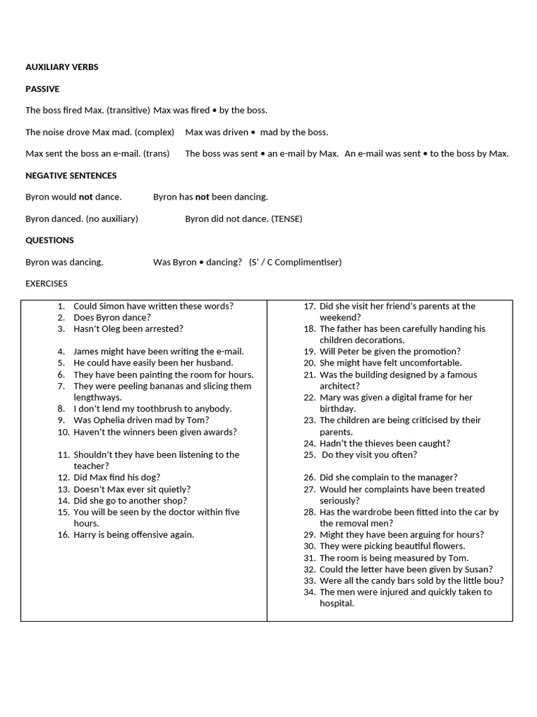 Auxiliary Verbs Exercises PDF | PDF | Language Mechanics | Linguistic ...