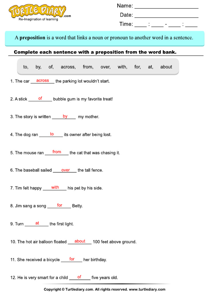 Answer Complete The Sentence With The Correct Preposition | PDF