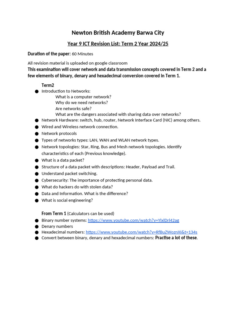 Y9 ICT EOT2 Revision List 2024 - 25 | PDF