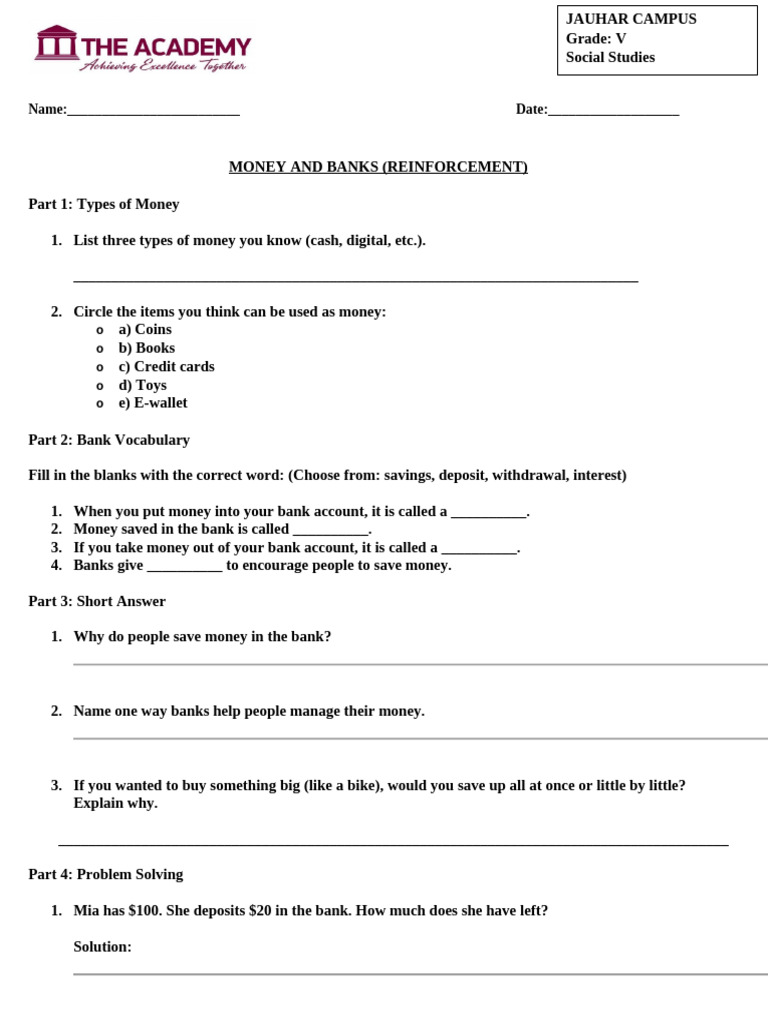 Grade 5 Money and Banking Activities | PDF | Interest | Banks