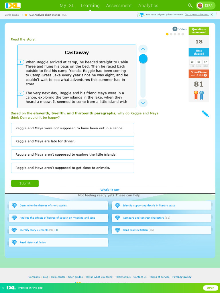 IXL Analyze Short Stories 6th Grade Language Art | PDF