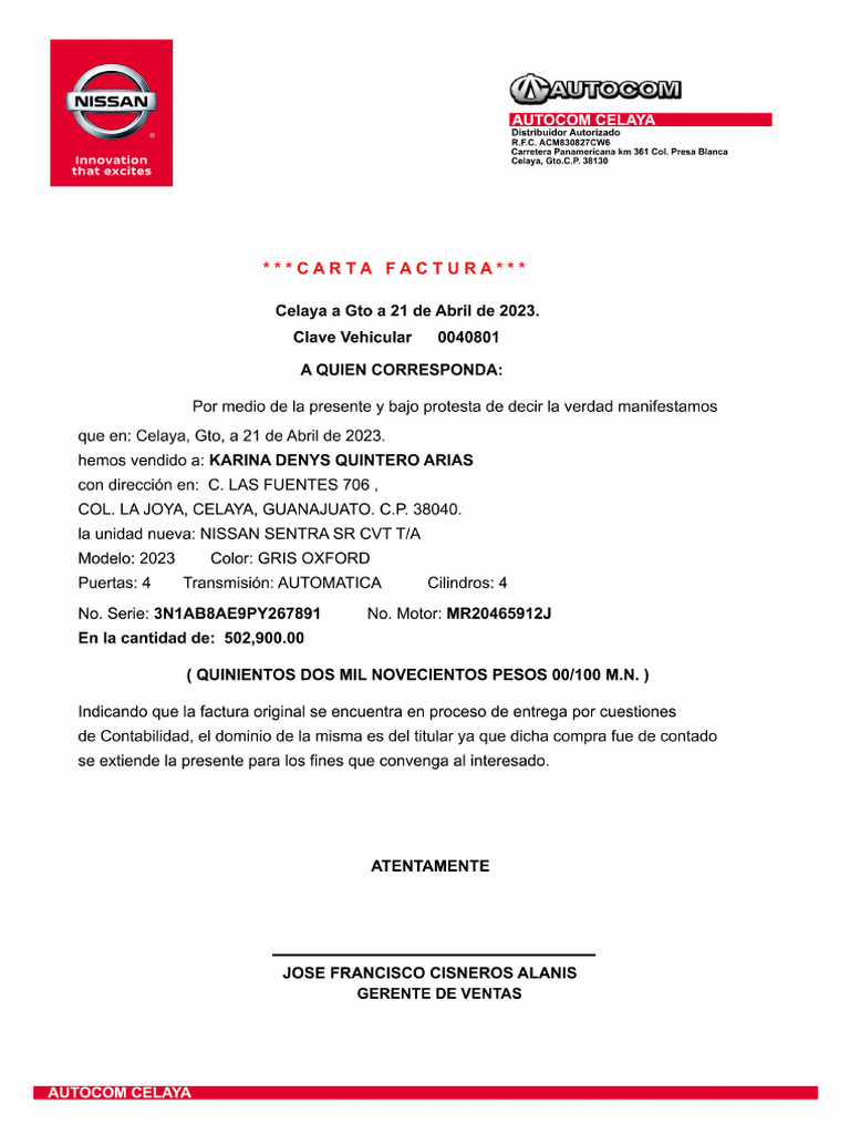CARTA - FACTURA - NISSAN - SENTRA23 Copia2 | PDF