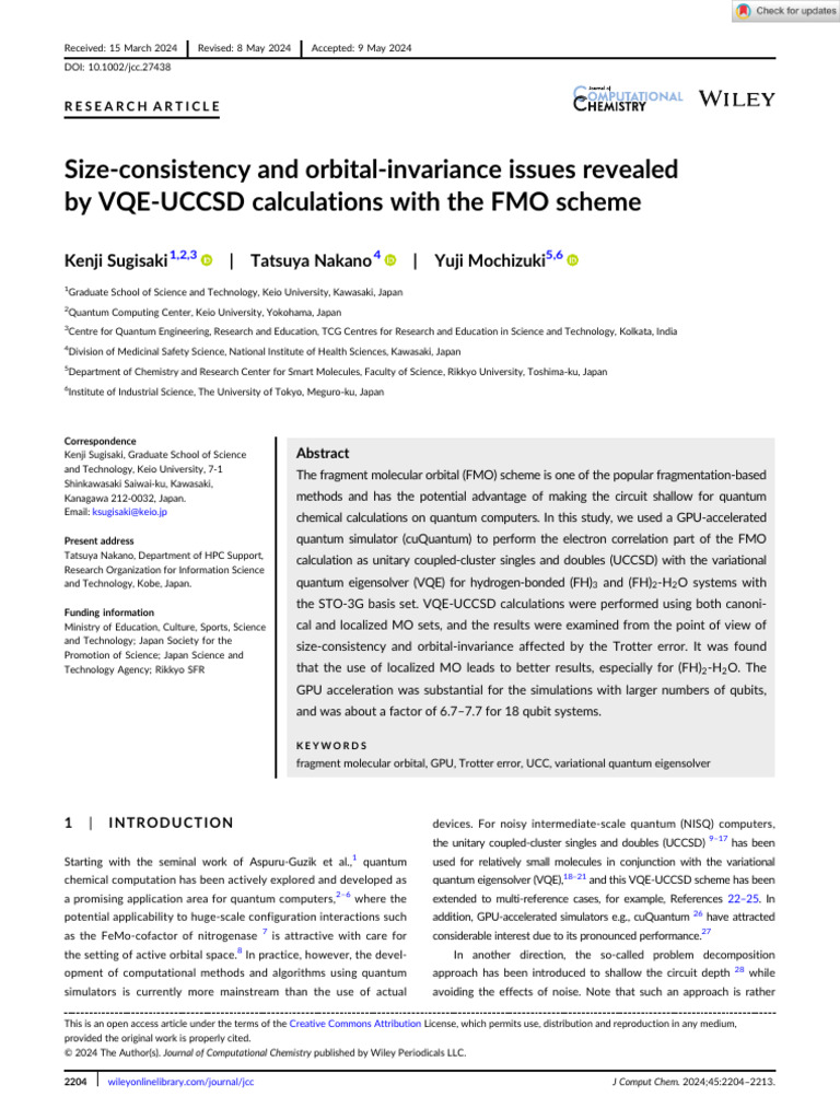 J Comput Chem - 2024 - Sugisaki - Size‐Consistency and Orbital‐Invariance Issues Revealed by VQE ...