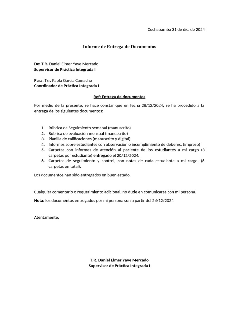Informe de Entrega de Documentos | PDF