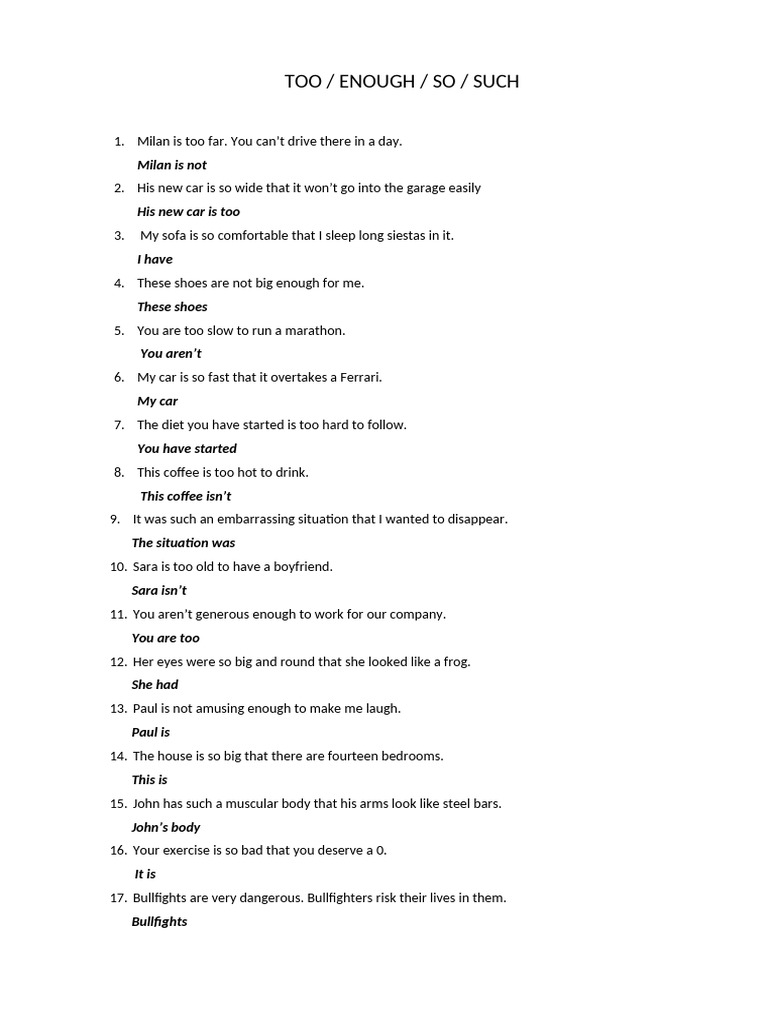 "Using Too, Enough, So, Such in Sentences" | PDF