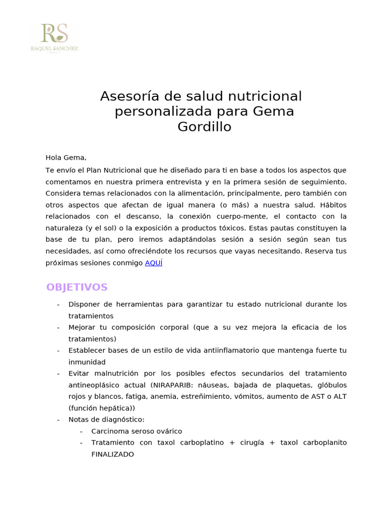 Plan Nutricional para GEMA GORDILLO 2 | PDF | ensalada | Vegetales