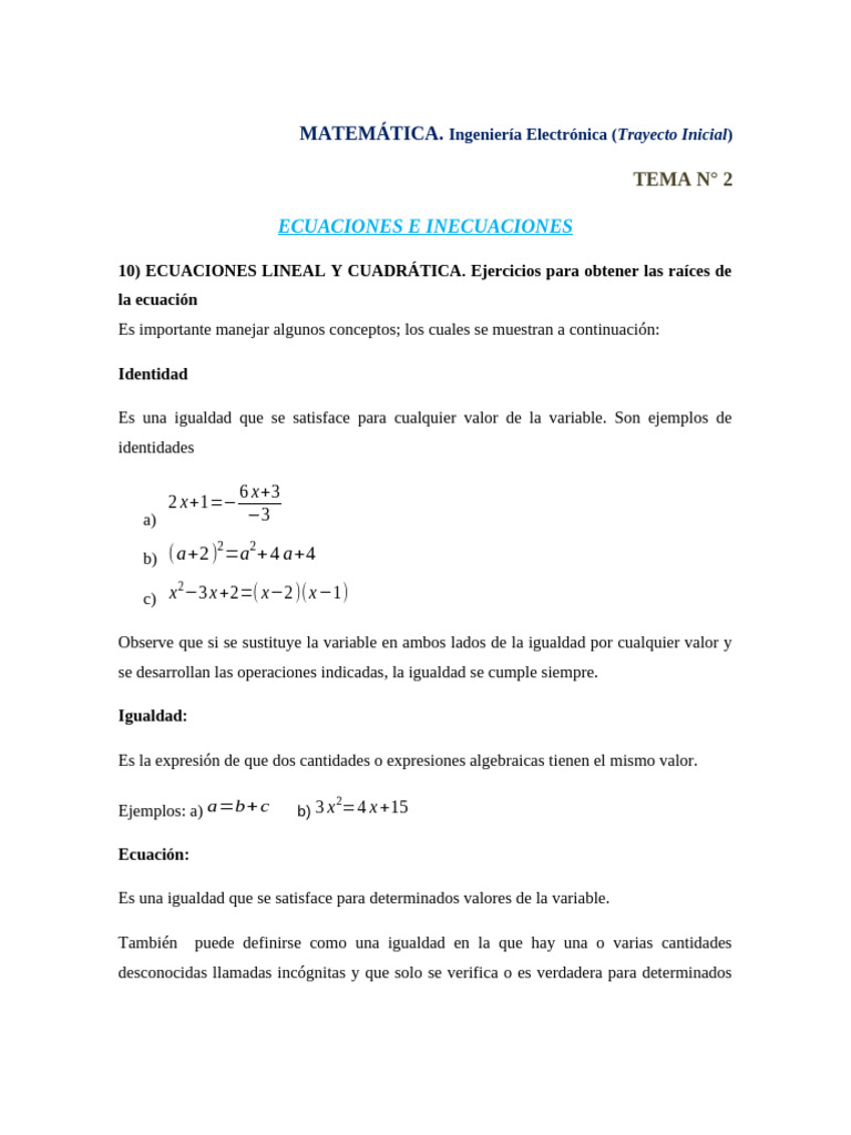 Tema 2 Ecuaciones e Inecuaciones (OBJ 10) | PDF | Ecuaciones | Variable (Matemáticas)