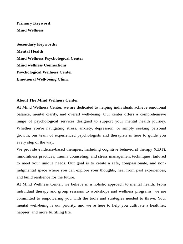 Mind Wellness Center: Emotional Health Services | PDF | Psychotherapy ...