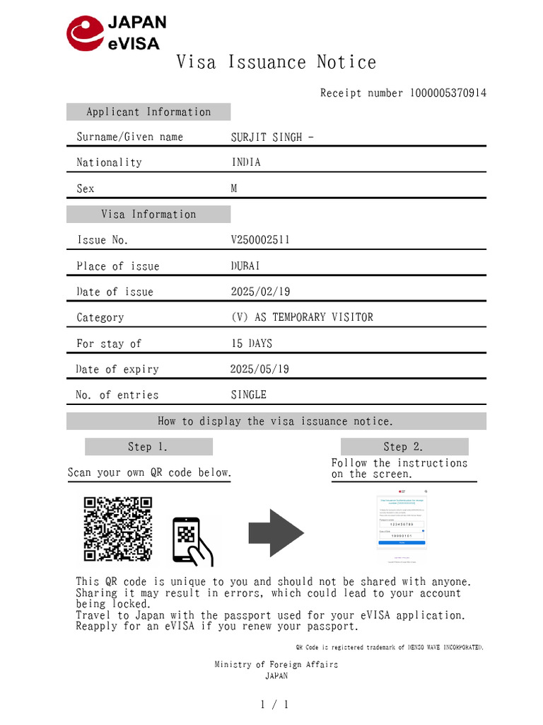 Visa Issuance Notice: Ministry of Foreign Affairs Japan | PDF