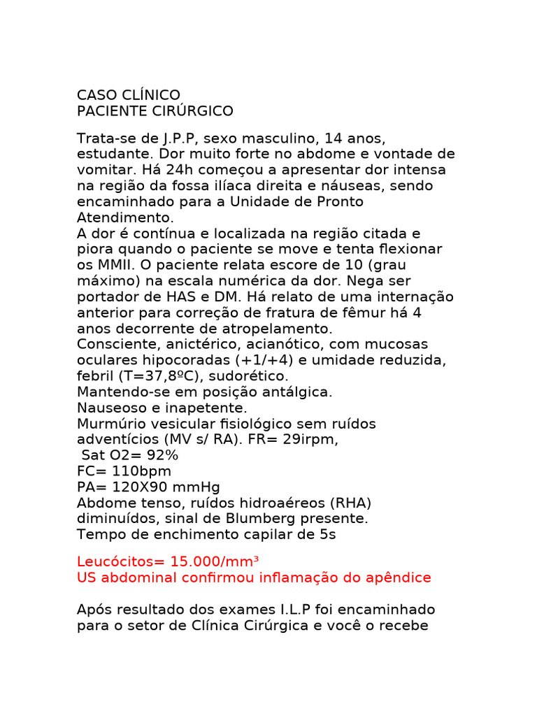 CASO CLÍNICO | PDF | Enfermagem | Dor