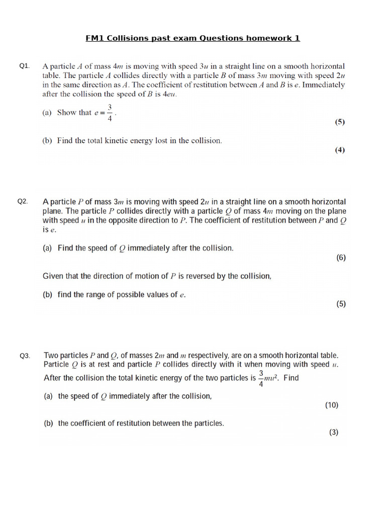 FM1 Collisions Past Exam Questions Homework 1 | PDF