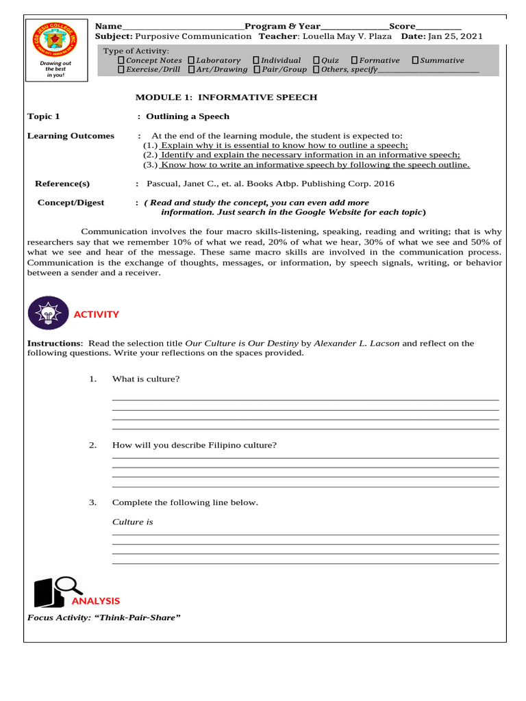 Outlining Informative Speeches Guide | PDF | Communication