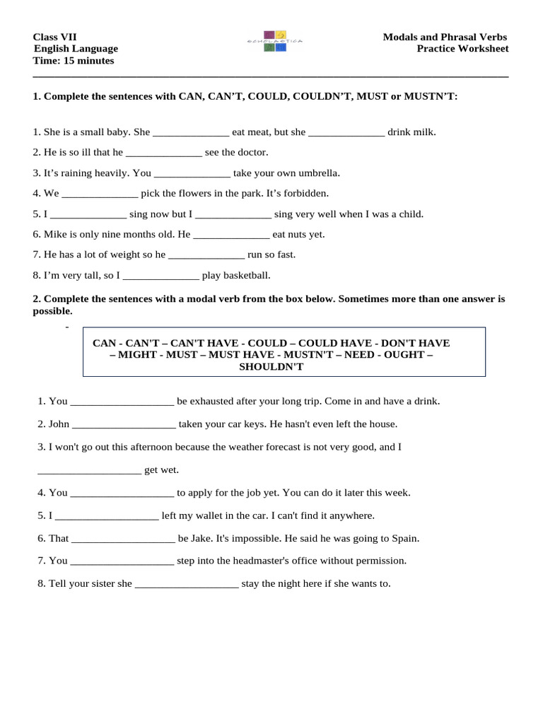 Review of Modals and Phrasal Verbs Worksheet | PDF | Grammar | Linguistics