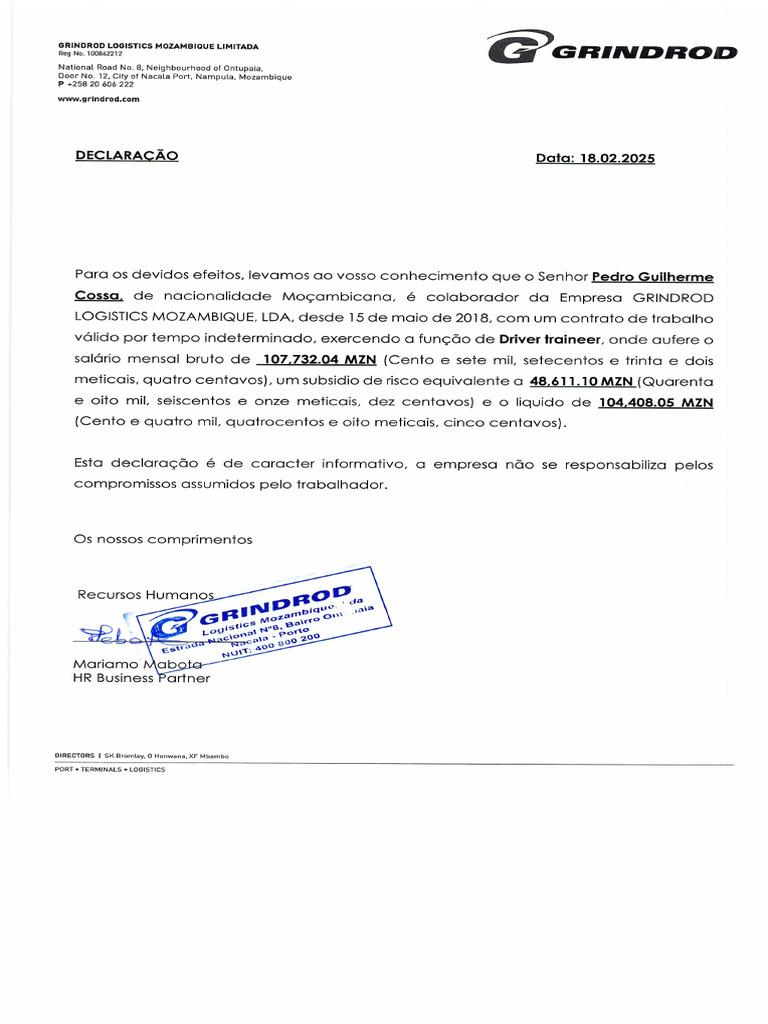 Pedro Cossa - Rendimentos | PDF