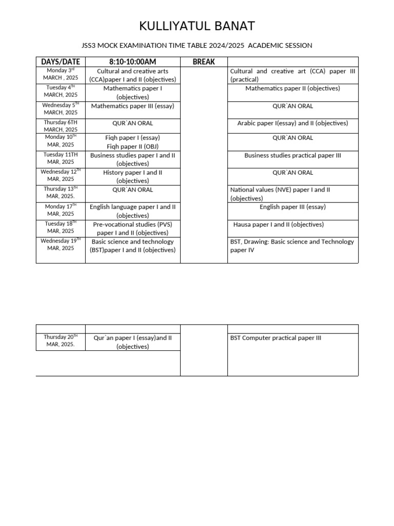 JSS3 Mock Exam Timetable 2025 | PDF