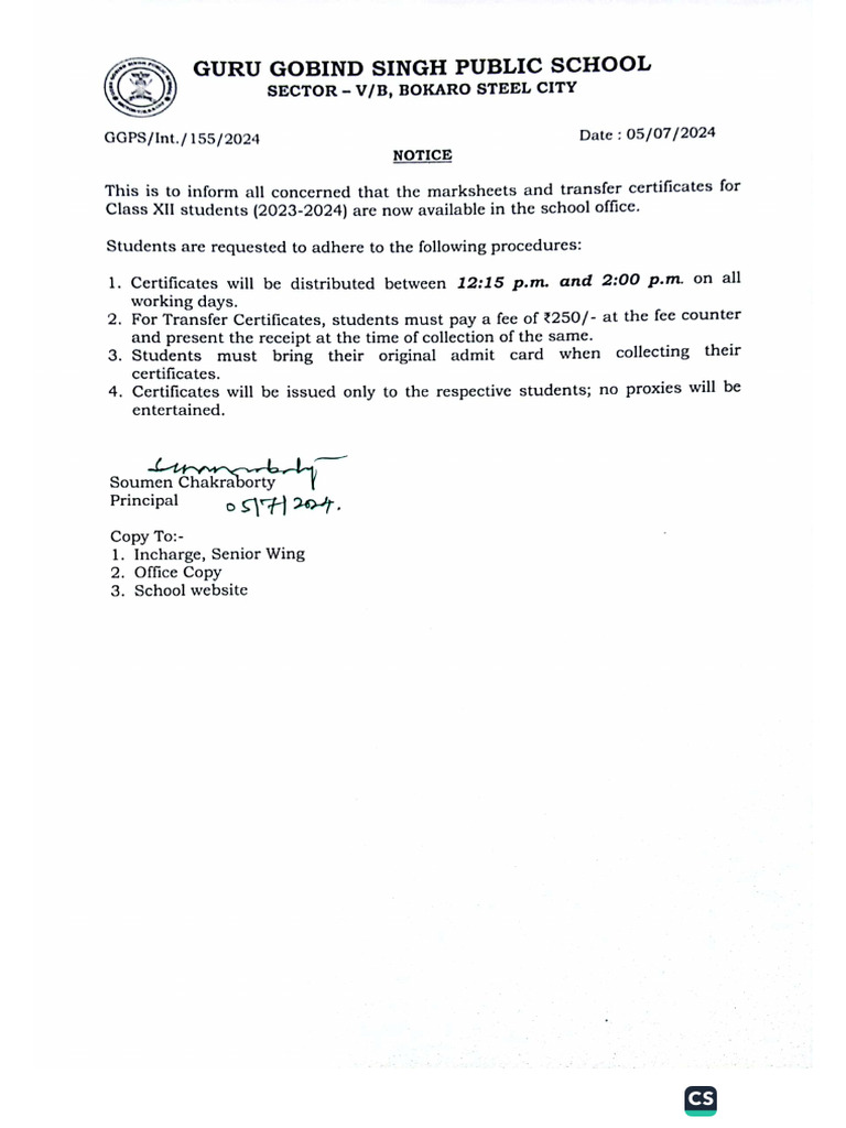 Notice (class XII Marksheet) | PDF