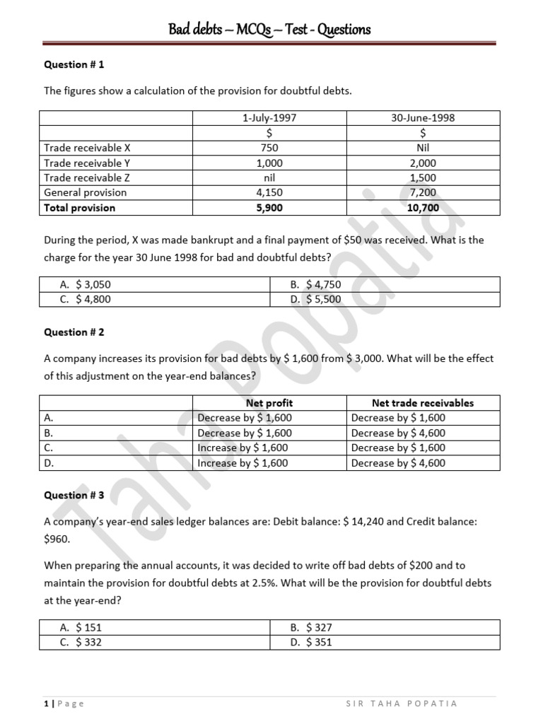 Bad Debts MCQS Test - Questions | PDF | Bad Debt | Debits And Credits