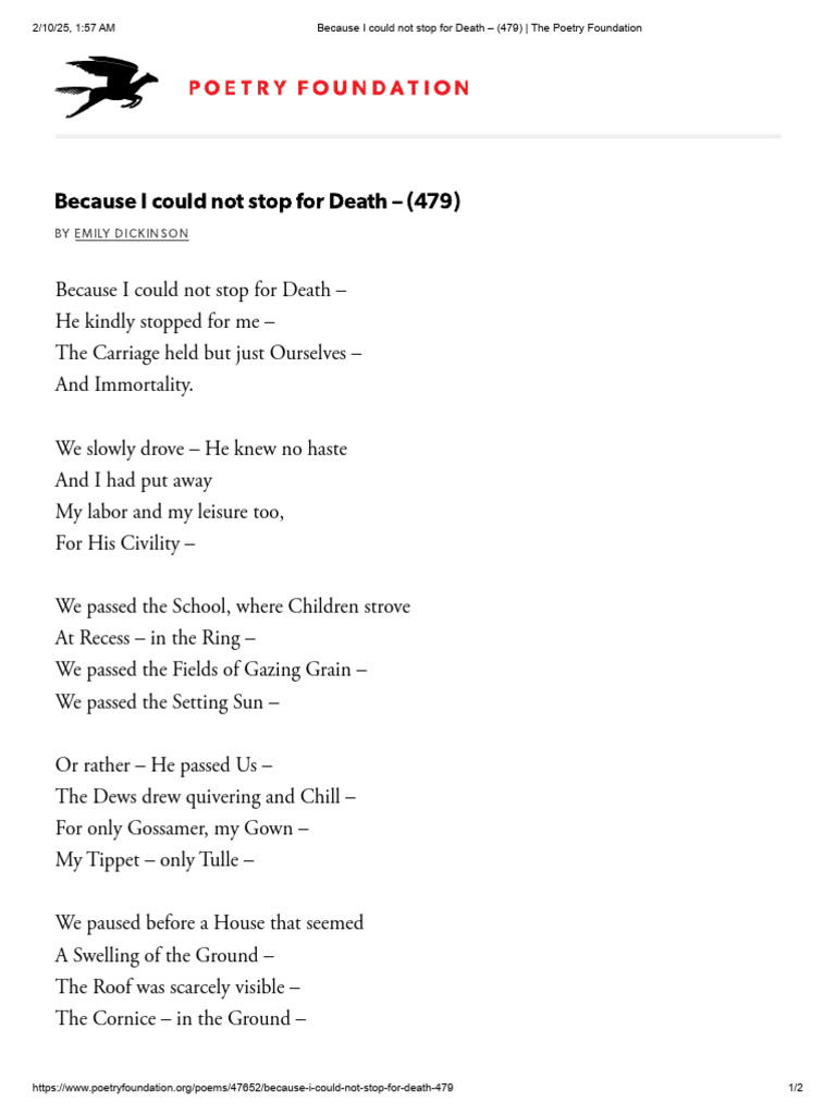Because I Could Not Stop For Death - (479) - The Poetry Foundation | PDF