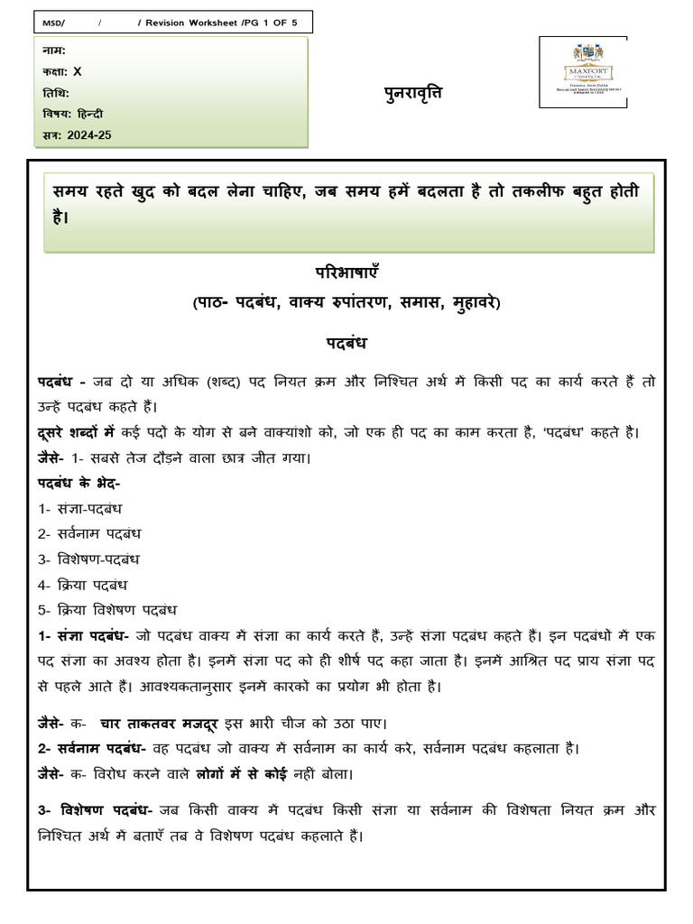 MSD 2024-25 X Hindi | PDF