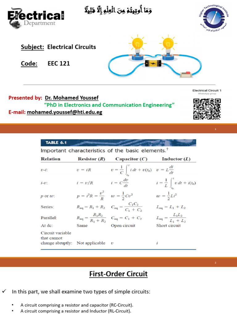 Lec #2 (First Order RC Circuit) | PDF | Capacitor | Electrical Network