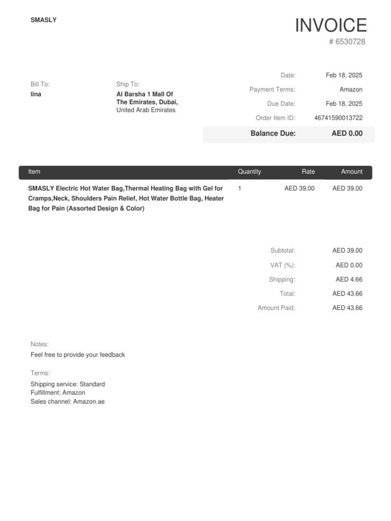 SMASLY Invoice for Electric Hot Water Bag | PDF