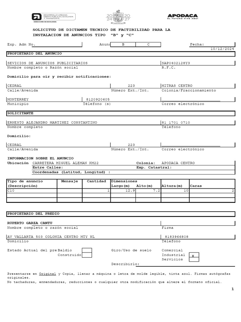 Solicitud de Anuncios en Apodaca NL | PDF