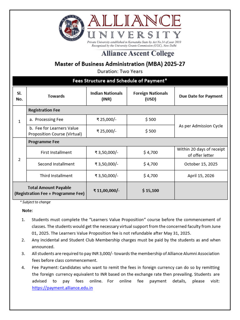 MBA 2025-27 Fee Structure Overview | PDF