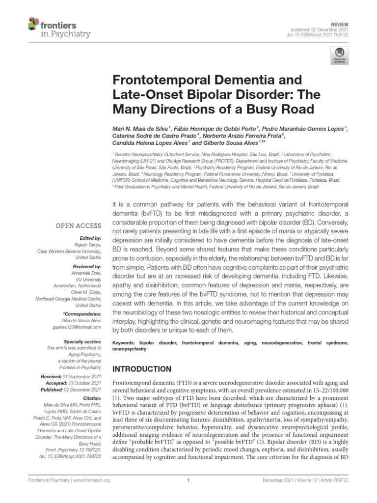 Frontotemporal Dementia and Bipolar Disorder | PDF | Mood Disorders ...