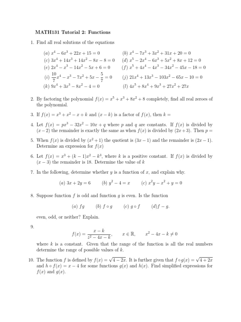 MATH 131 Tutorial 2 2025 | PDF | Polynomial | Function (Mathematics)