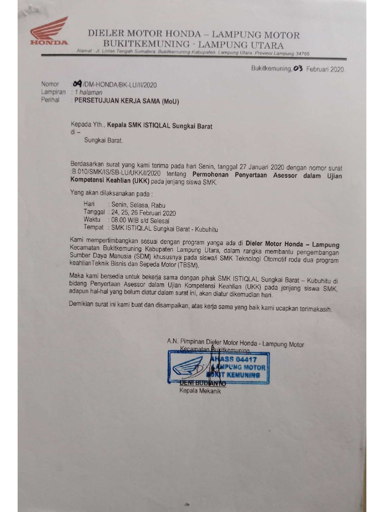Dokumen Naskah Mou Asesor Dengan Pihak Ahass Honda Bukitkemuning - 2020 | PDF