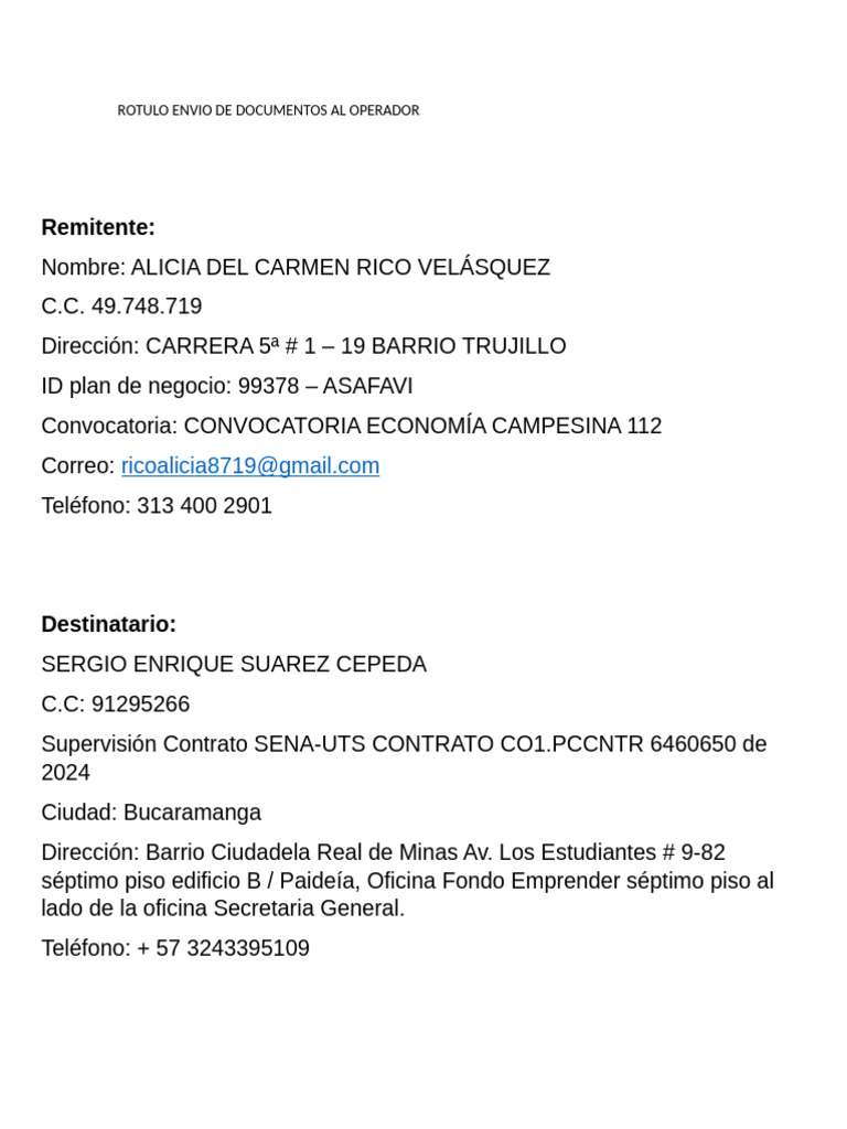 Rotulo Envio de Documentos Al Operador | PDF