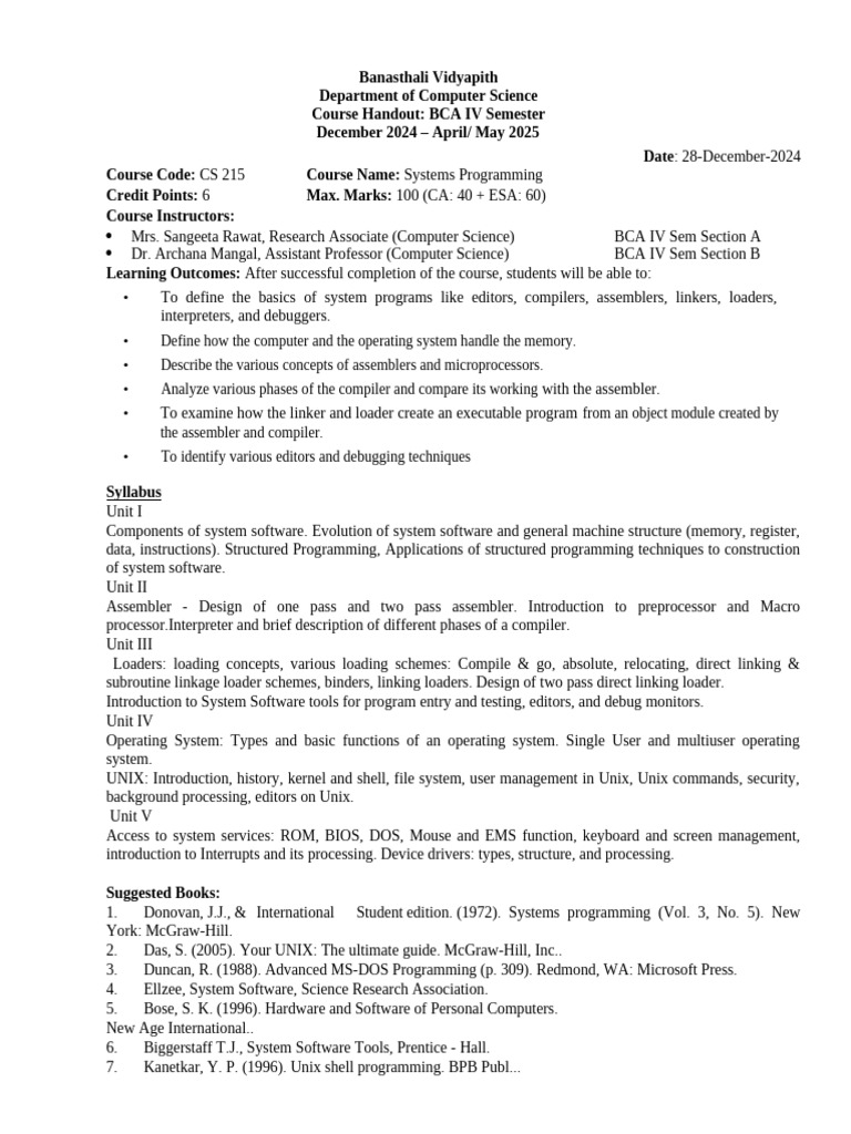 CS215 BCA IV Sem SystemsProgramming | PDF | Assembly Language | Operating System