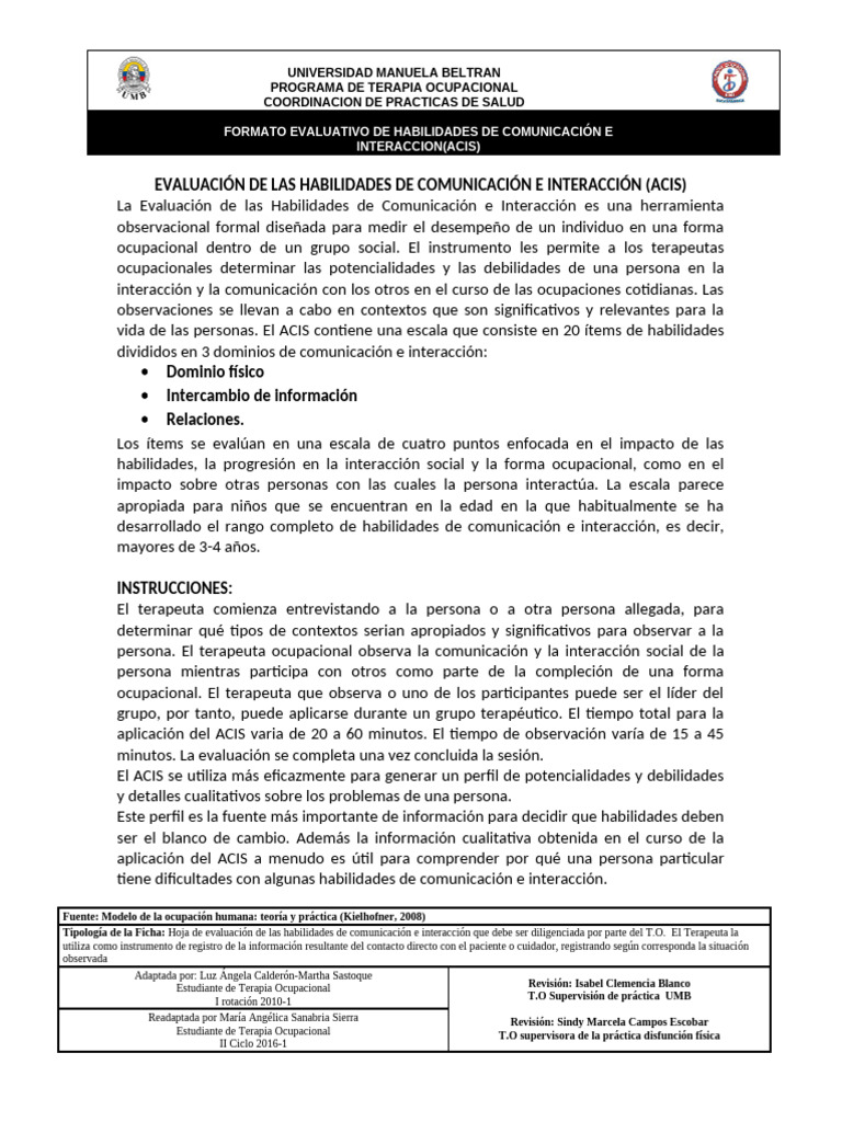 Formato de Acis | PDF | Terapia ocupacional | Comunicación