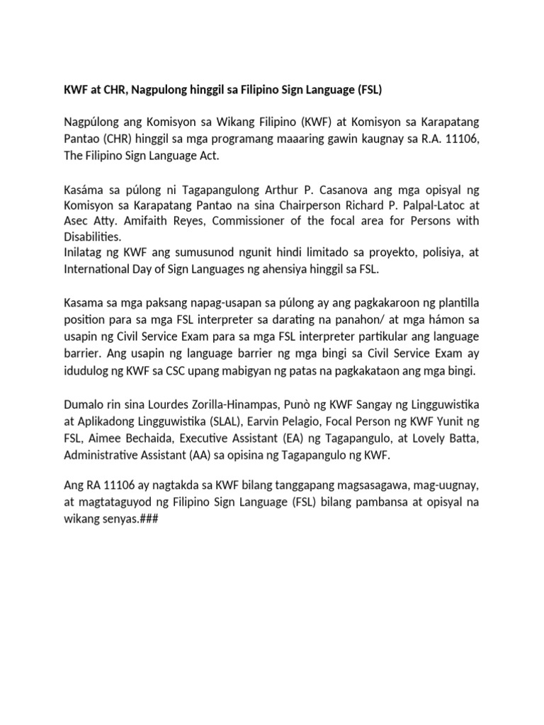 KWF at CHR Nagpulong Hinggil Sa Filipino Sign Language FSL | PDF