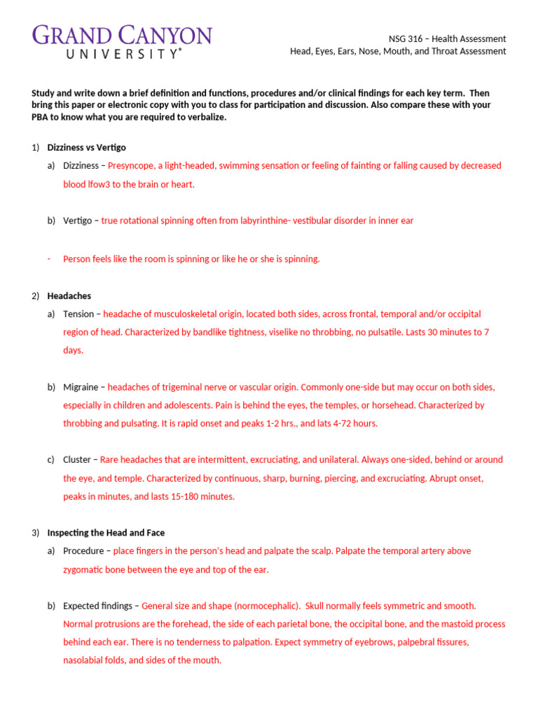 Topic 7 Head Eyes Ears Nose Mouth And Throat Assessment Pdf