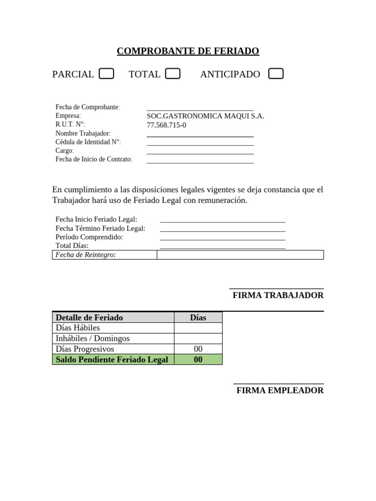Formato Comprobante Feriado | PDF