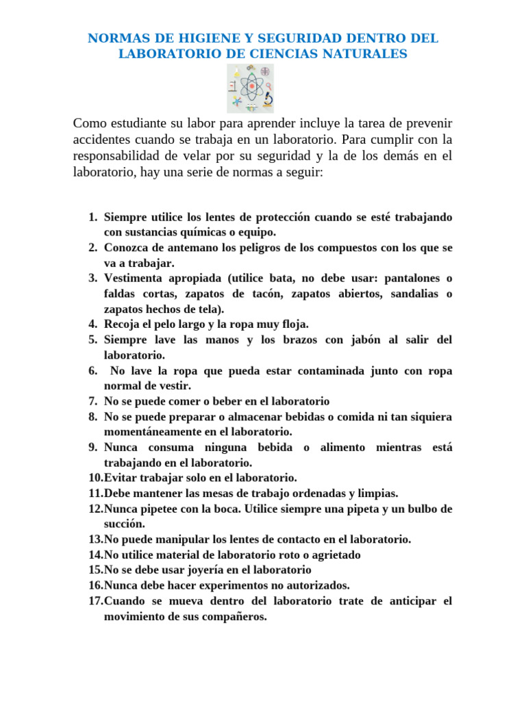 NORMAS DE HIGIENE Y SEGURIDAD DENTRO DEL LABORATORIO DE CIENCIAS ...