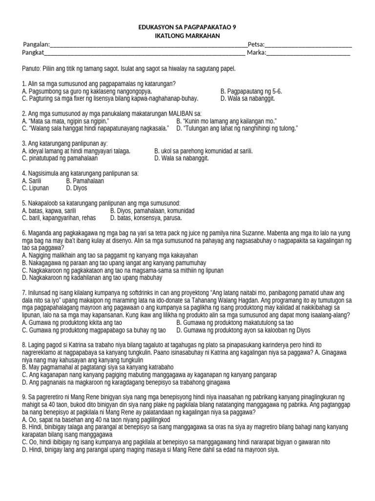 Esp 9 Q3 Long Quiz | PDF