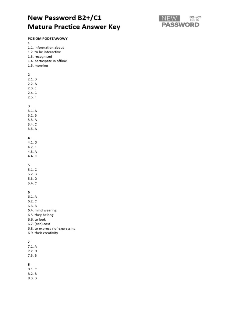 New Password B2+ C1 Matura Practice Answer Key | PDF